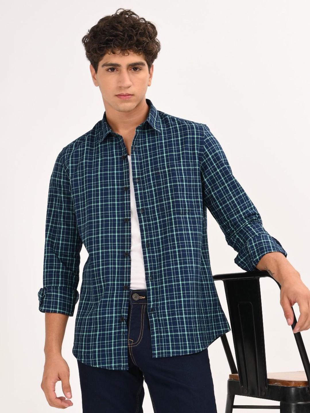 Buy Blu MNKY Men Classic Fit Checked Spread Collar Cotton Casual Shirt ...