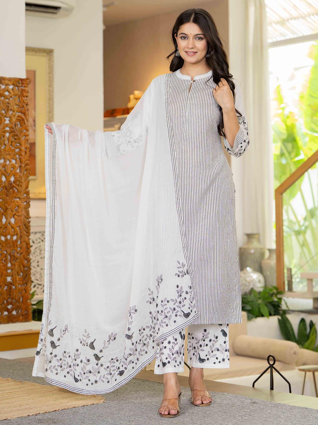 Buy Pistaa Women Striped Regular Pure Cotton Kurta With Trousers ...