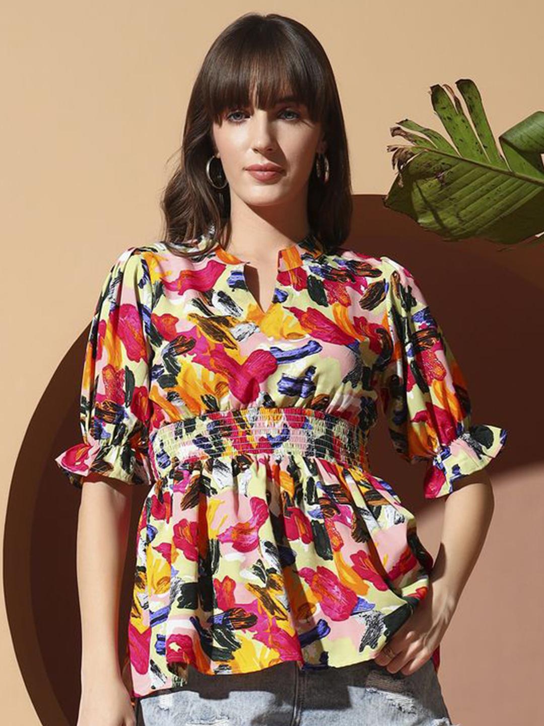 Buy OTABU Women Abstract Printed Puff Sleeve Smocked Peplum Top - Tops ...