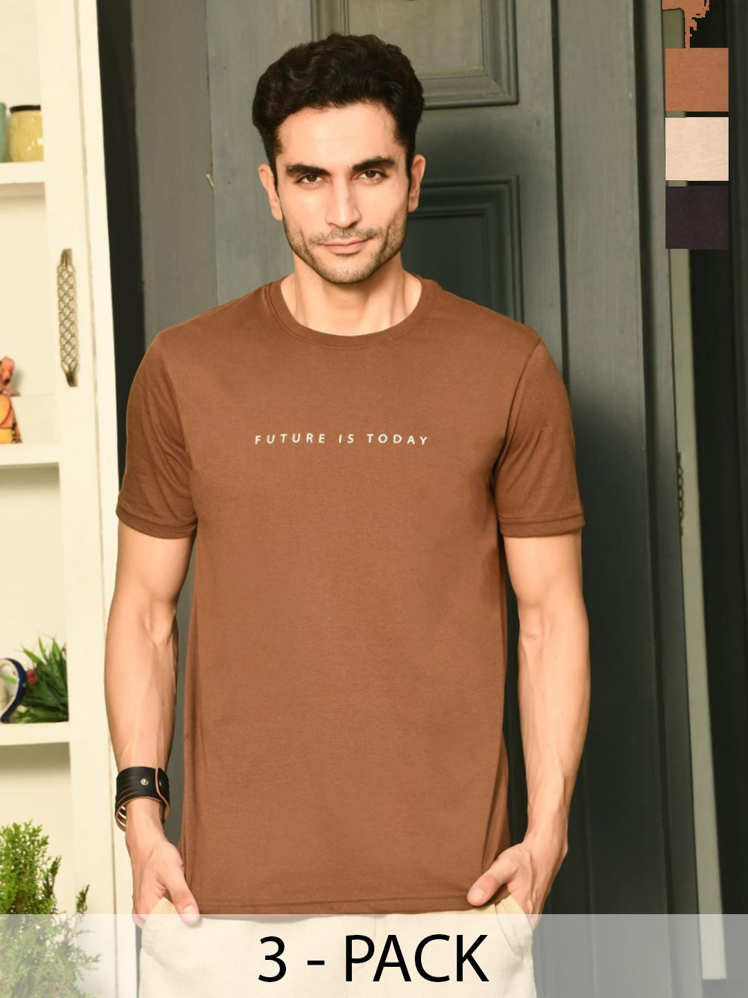 Buy KOR Men Pack Of 3 Typography Printed Round Neck Cotton T Shirts ...