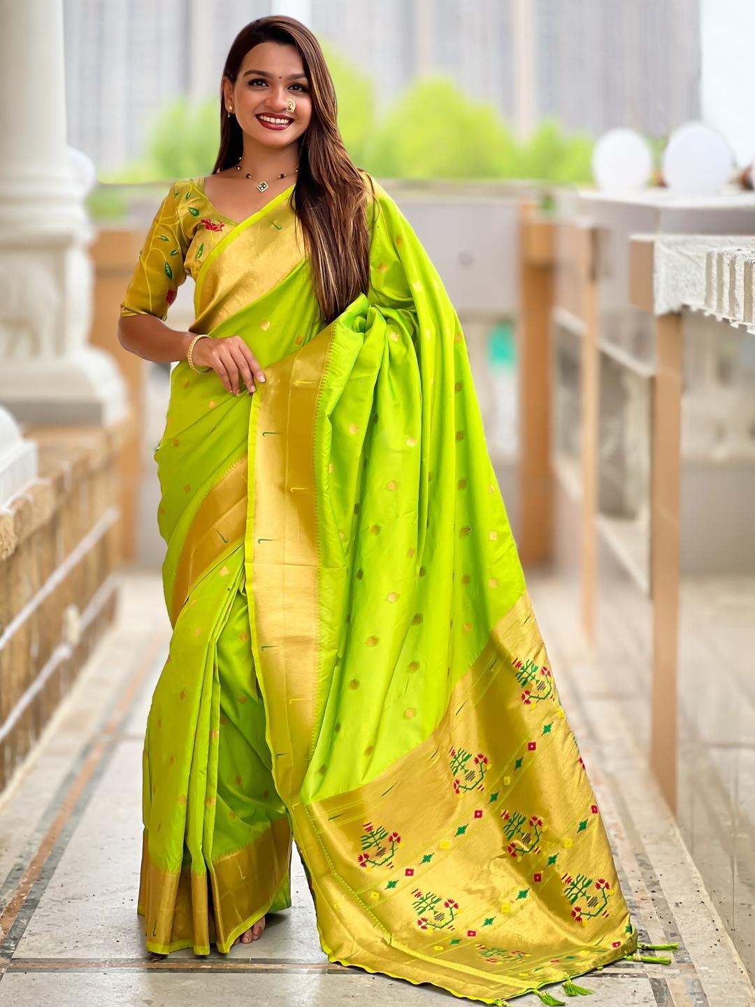 Buy KALINI Lime Green Silk Blend Woven Design Sarees - Sarees for Women ...