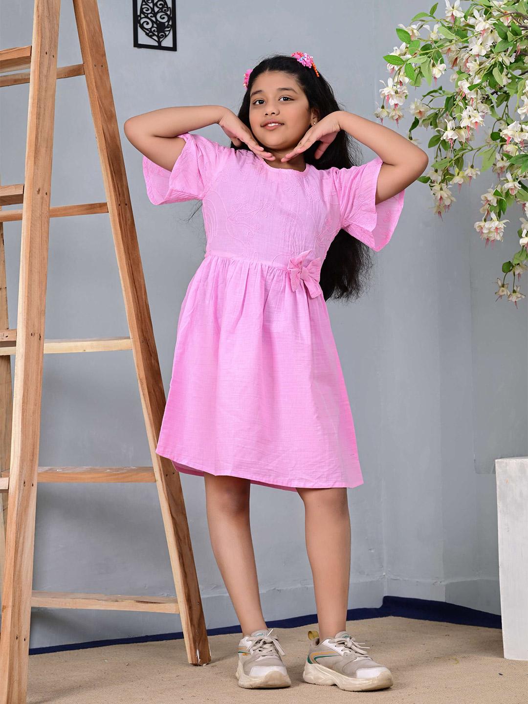 Buy Cloth Bites Girls Solid Bell Sleeve Bow Detail Cotton Fit And Flare ...