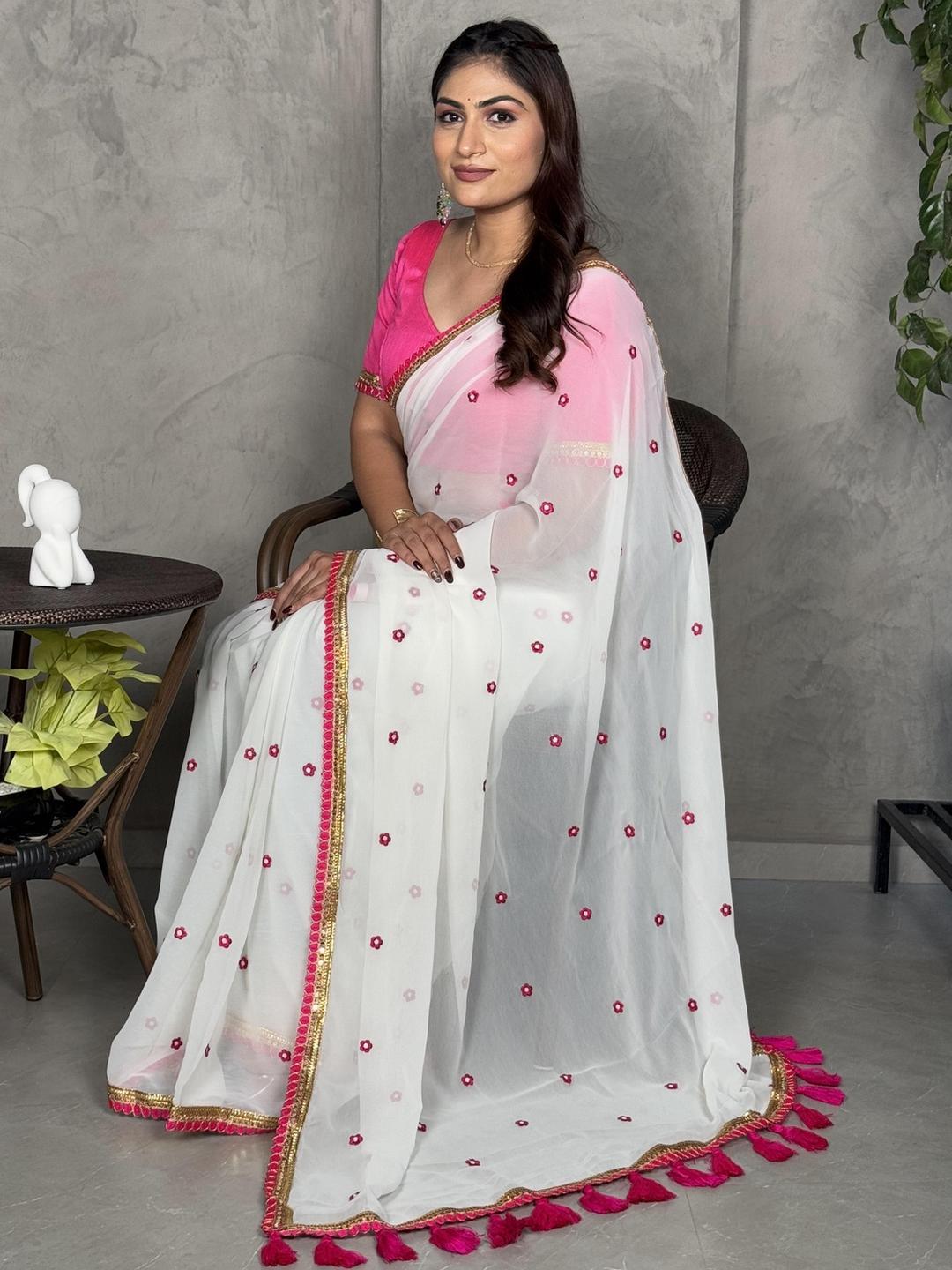 Buy PATTARI White Embroidered Pure Georgette Sarees - Sarees for Women ...