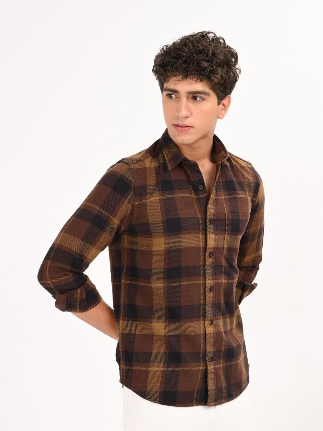Buy Blu MNKY Men Classic Fit Checked Spread Collar Cotton Casual Shirt ...