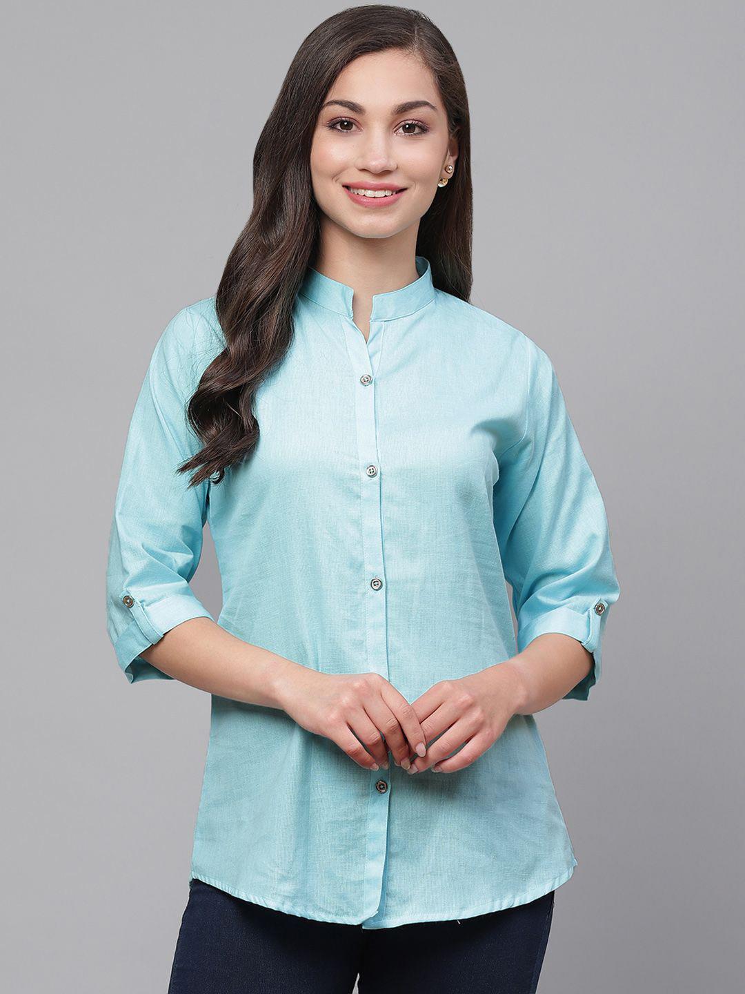 Buy Vastraa Fusion Women Mandarin Collar Roll Up Sleeves Cotton Top ...