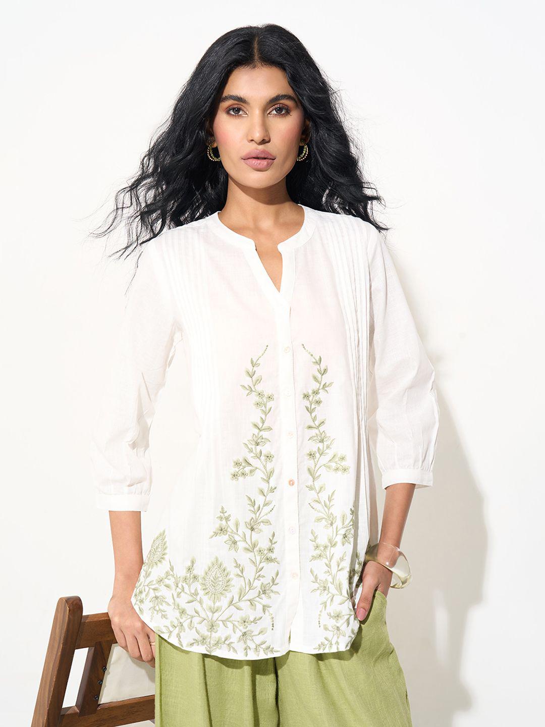 Buy AKKRITI BY PANTALOONS Women Mandarin Collar Embroidered Cotton ...