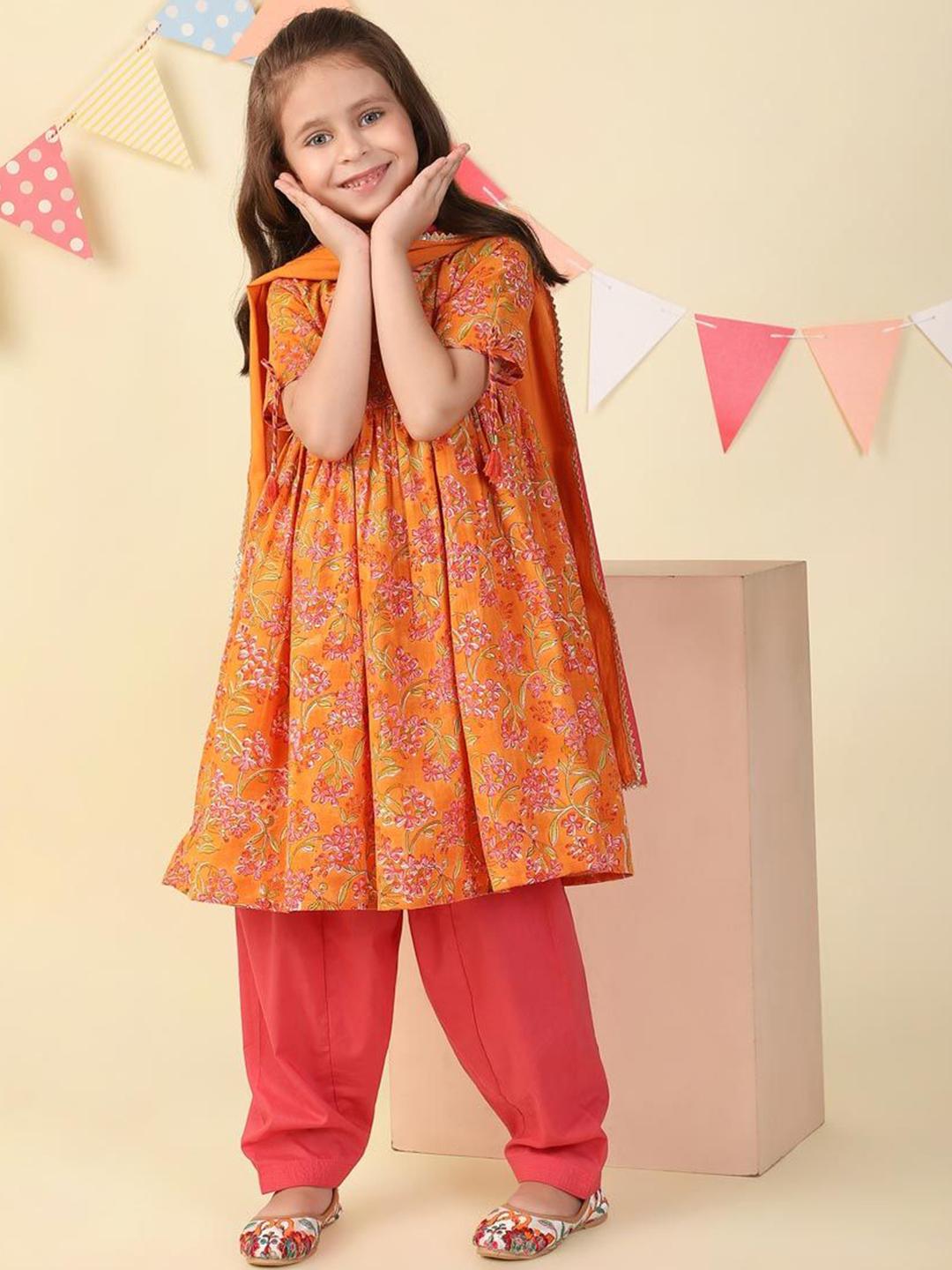 Buy Fabindia Girls Floral Printed Regular Pure Cotton Kurta With Salwar ...