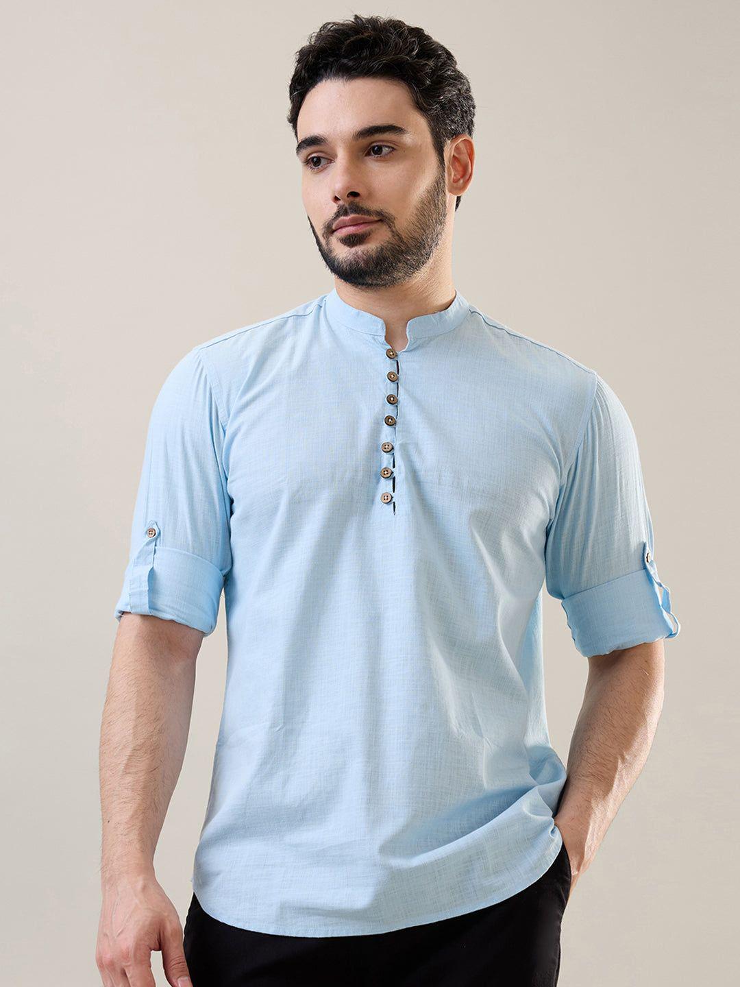 Buy TIM PARIS Mandarin Collar Roll Up Sleeves Pure Cotton Shirt ...