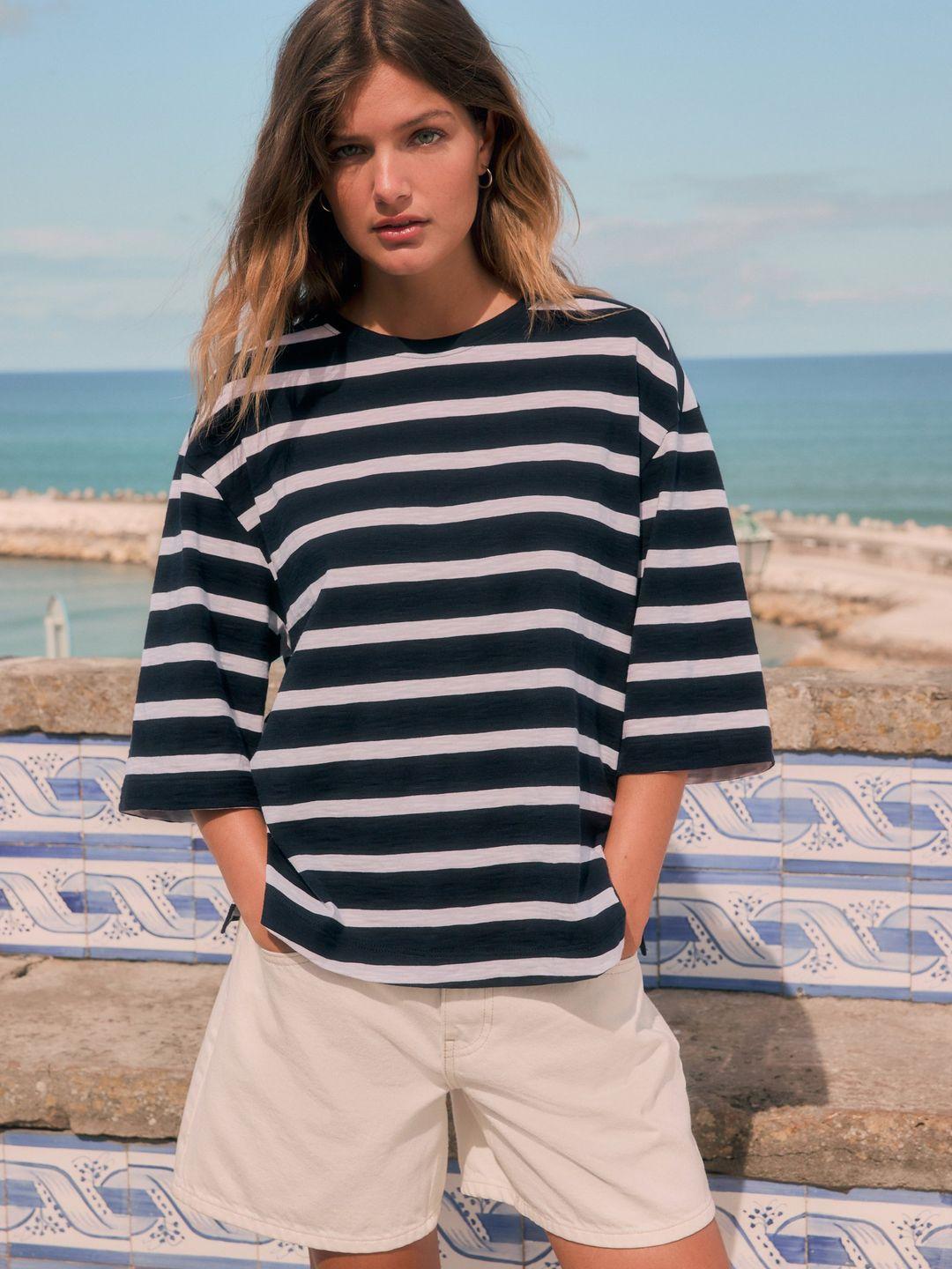 Buy NEXT Striped Drop Shoulder Sleeves Pure Cotton Oversized T Shirt ...