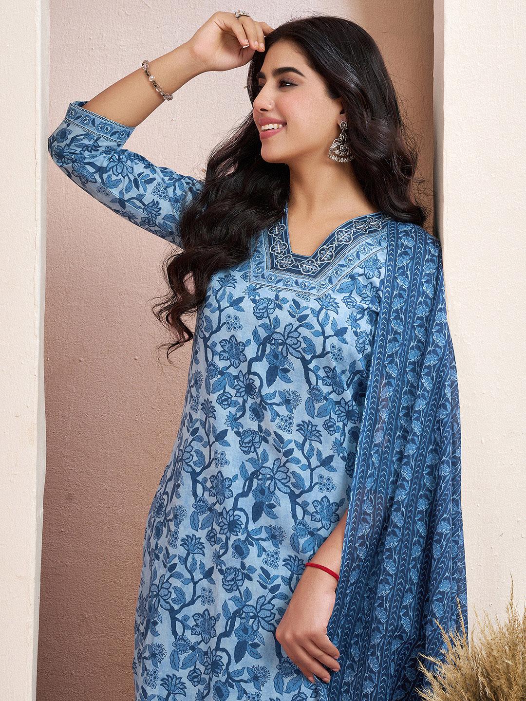 Buy SKYLEE Floral Printed Square Neck Kurta With Trousers & Dupatta ...