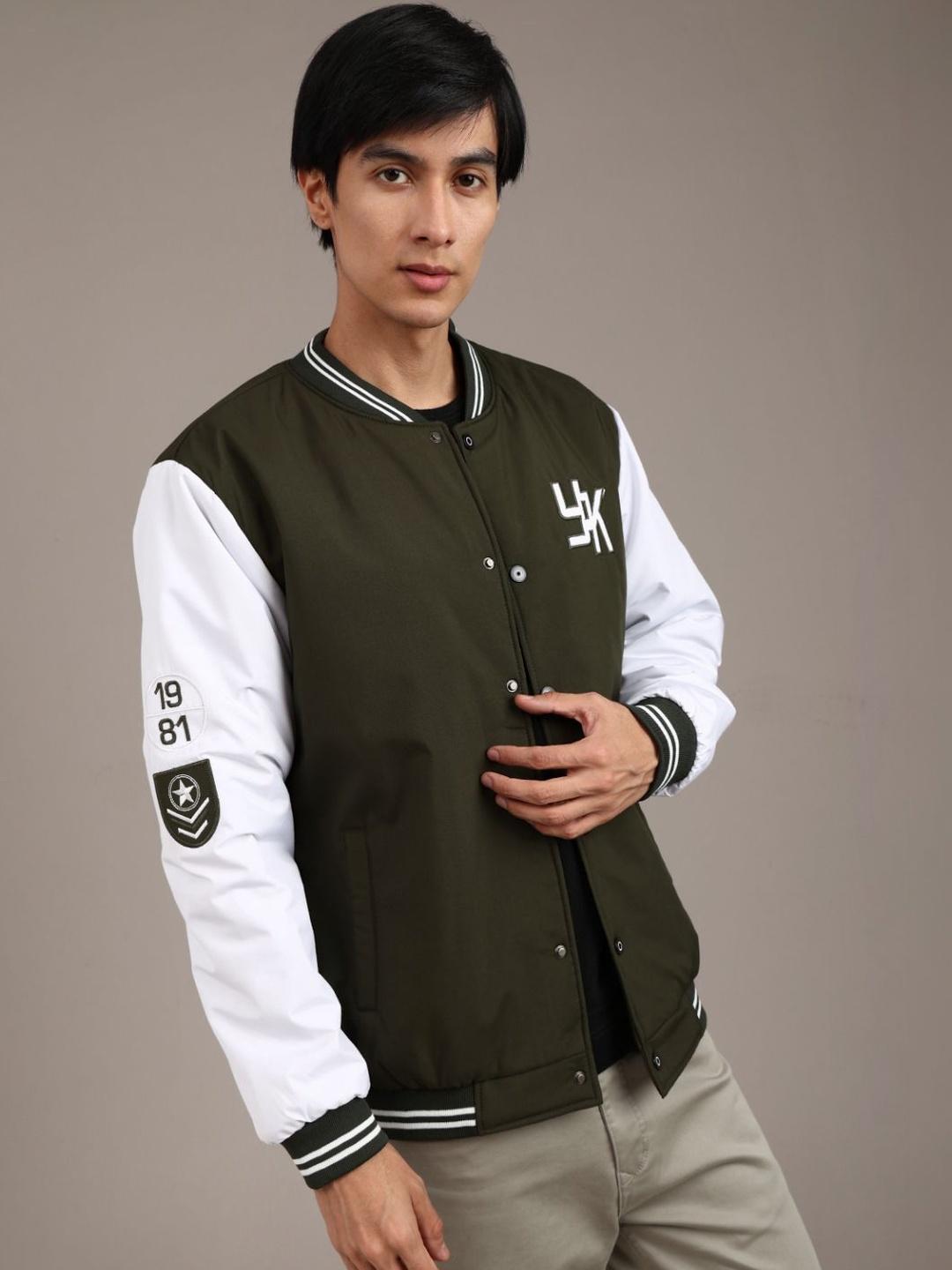 Buy LIMEROAD Men Olive Green Varsity Jacket With Brand Logo - Jackets ...