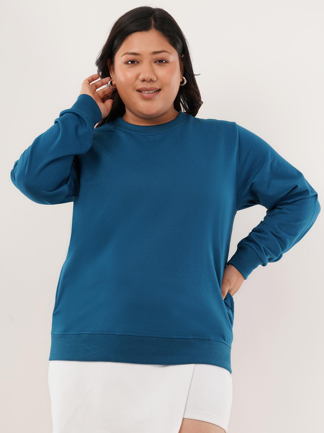 Buy GlamZei Women Teal Blue Solid Pure Cotton Round Neck Pullover ...