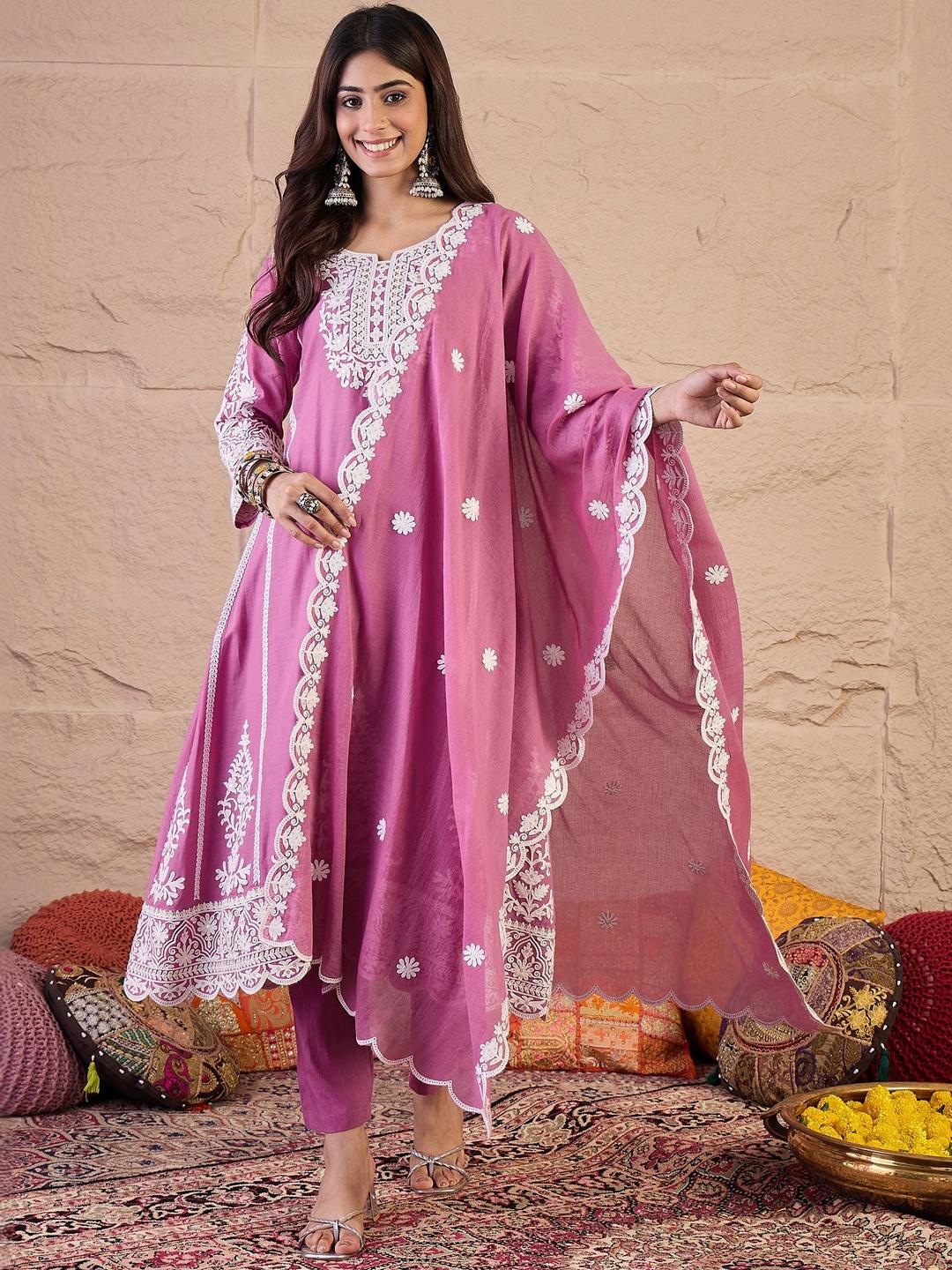Buy Inddus Women Floral Thread And Sequinned Embroidered Kurta Set With ...