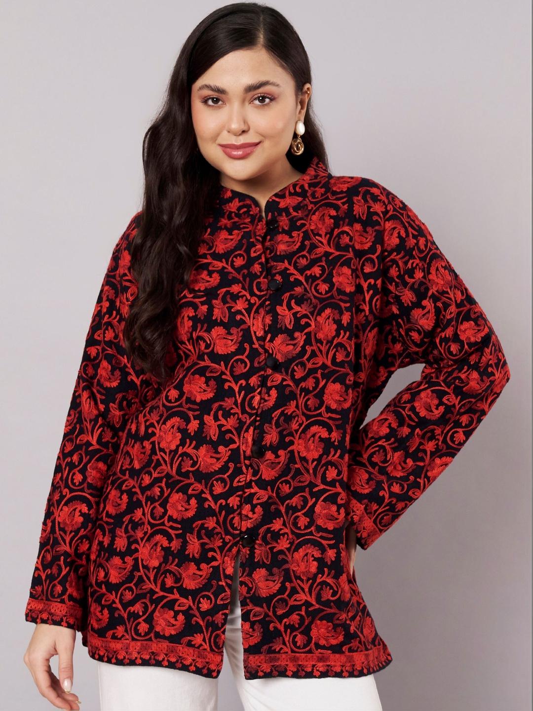 Buy SWI Stylish Women Floral Woollen Open Front Jacket With Embroidered ...