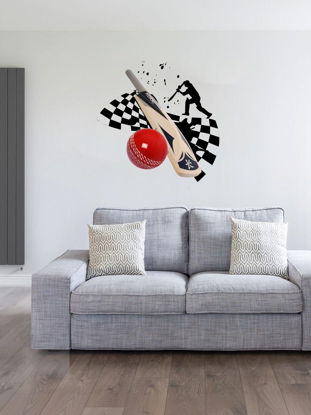 Buy Sai Designs Black & Red Adhesive Cricket Wall Sticker - Decals And ...