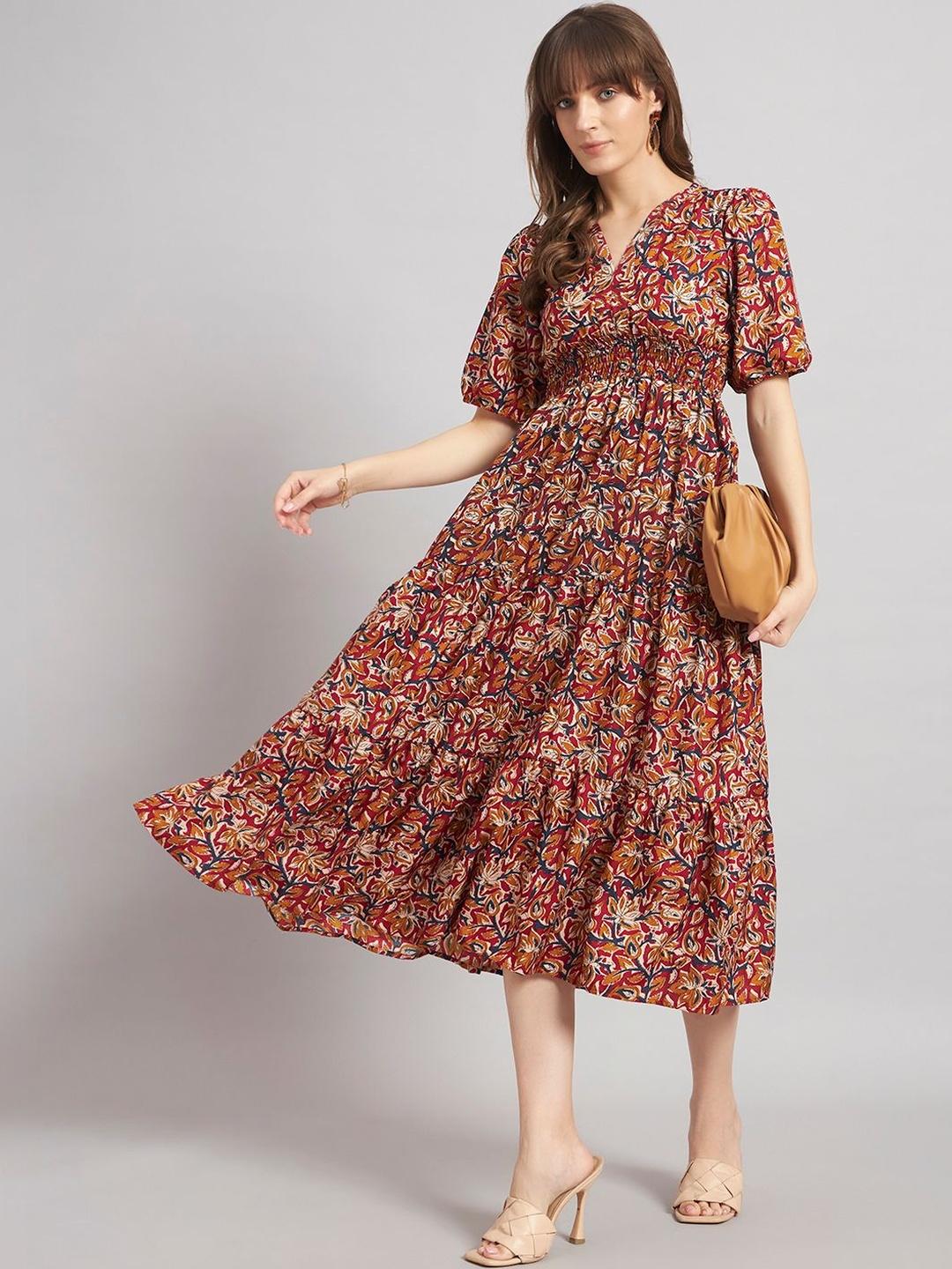 Buy Krunal Raiyani Floral Print Puff Sleeve Crepe Fit & Flare Midi ...