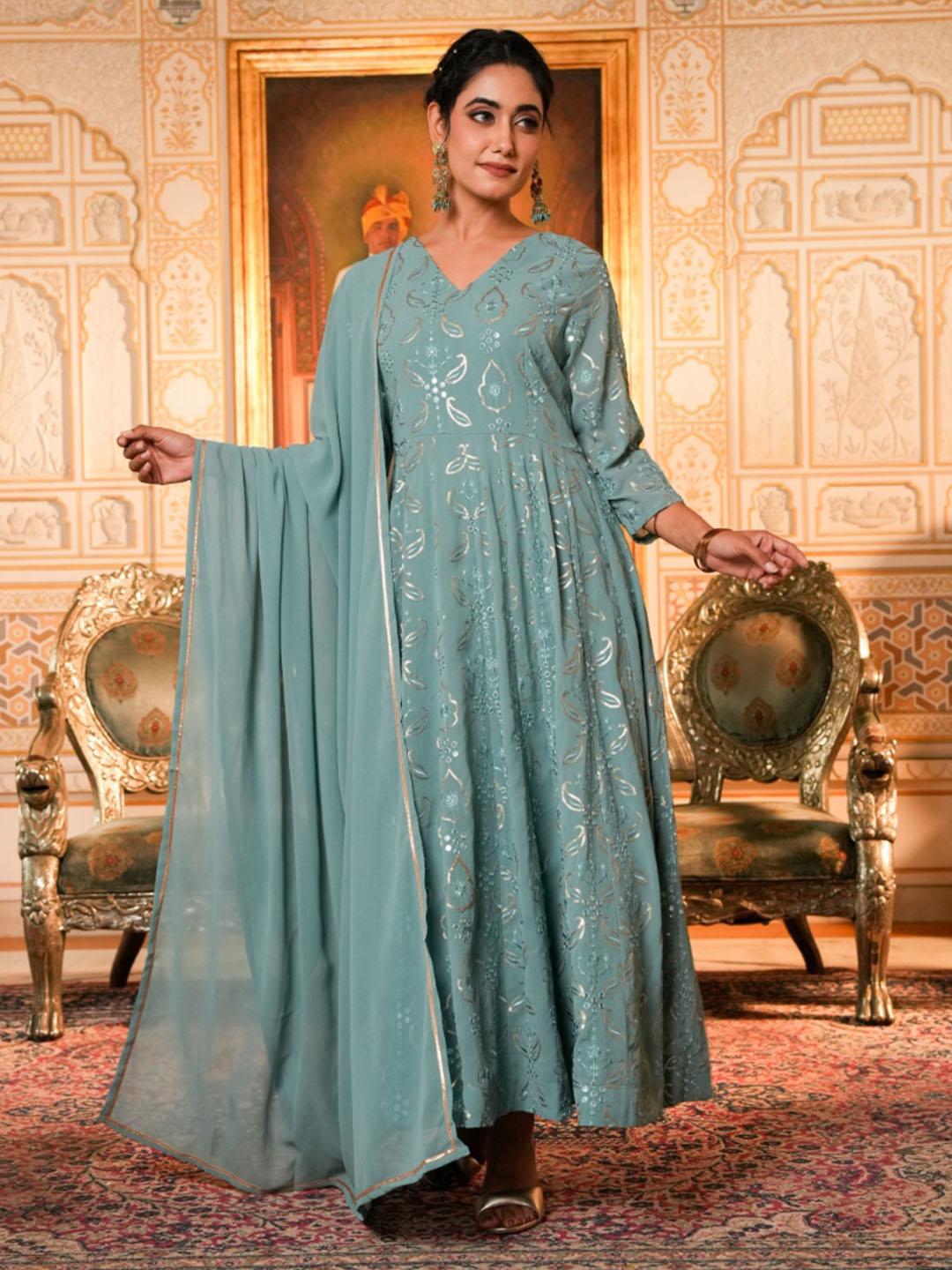 Buy Aramya Women Ethnic Motifs Printed Panelled Sequinned Kurta With ...