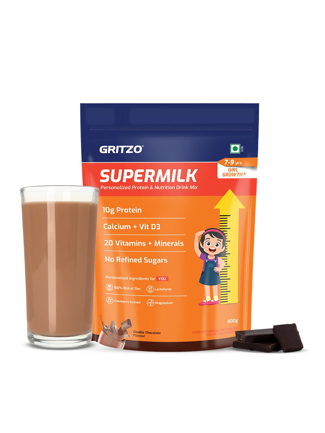 Buy Gritzo SuperMilk Growth Girls Protein Powder Double Chocolate 800g ...