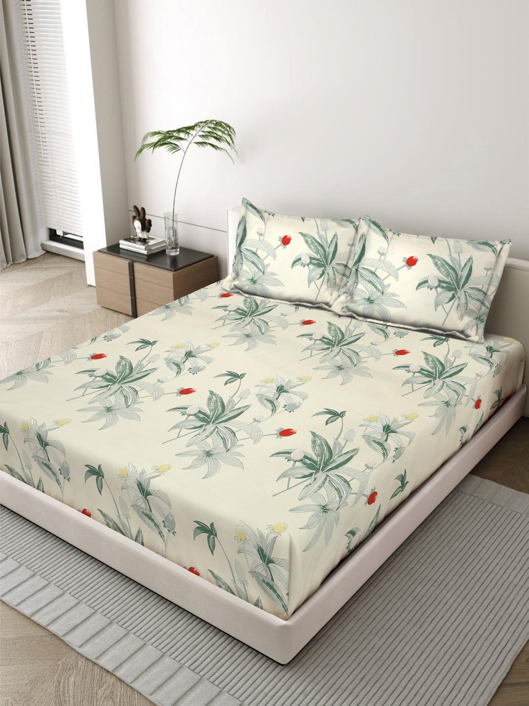 Buy Status Cream Coloured & Green Floral 300 TC Queen Bedsheet With 2 ...