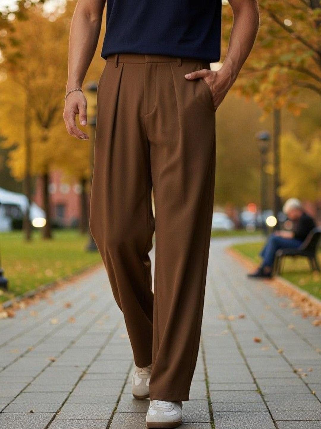 Buy BROADSTAR Men Smart Straight Fit Easy Wash Pleated Trousers ...