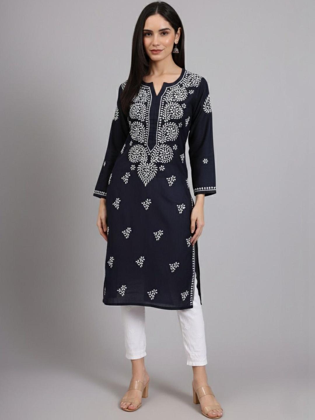 Buy PARAMOUNT CHIKAN Women Floral Embroidered Keyhole Neck Thread Work ...