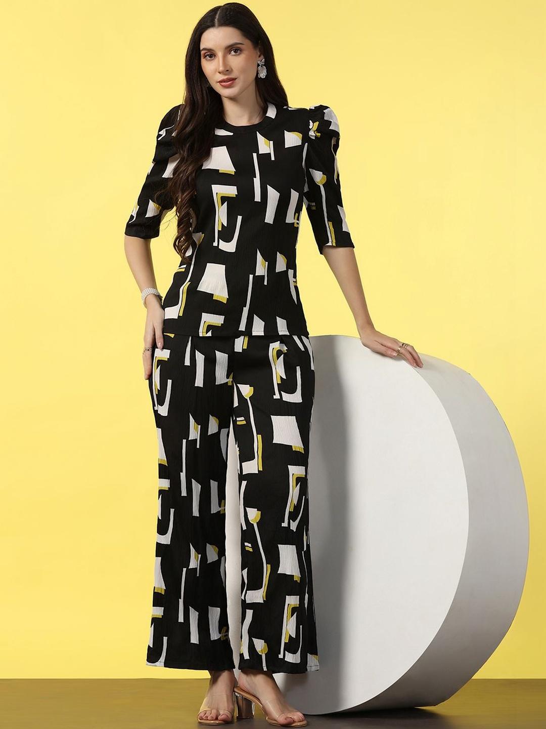 Buy Moda Rapido Women Black Delta Adstract Printed Straight Top And ...