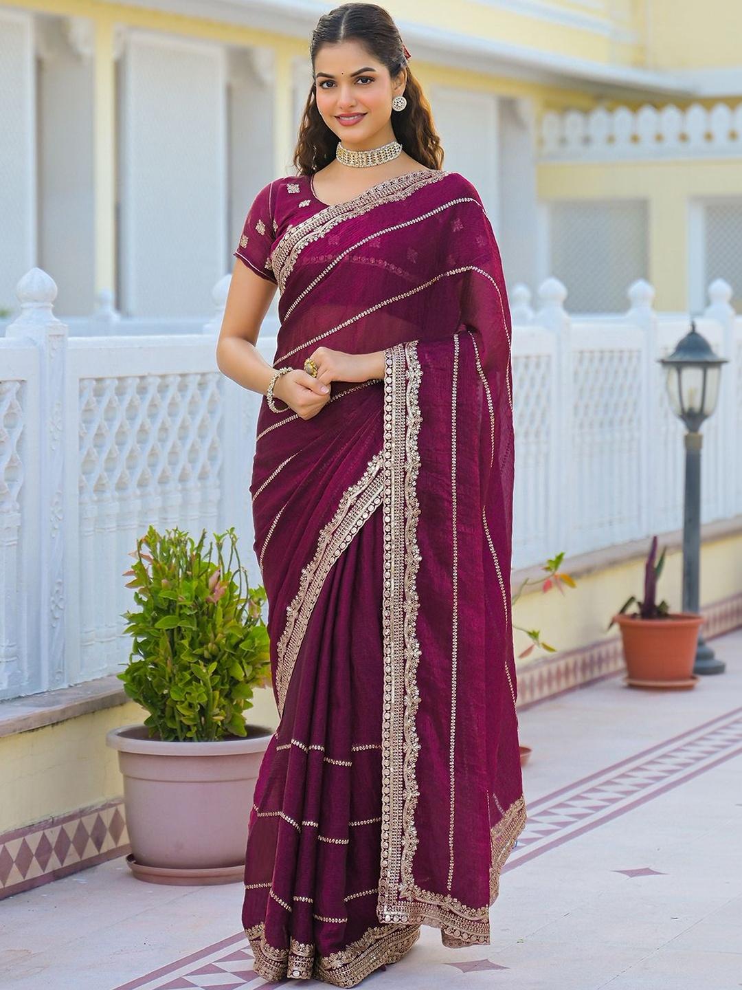 Buy Satrani Embellished Embroidered Pure Chiffon Heavy Work Saree ...