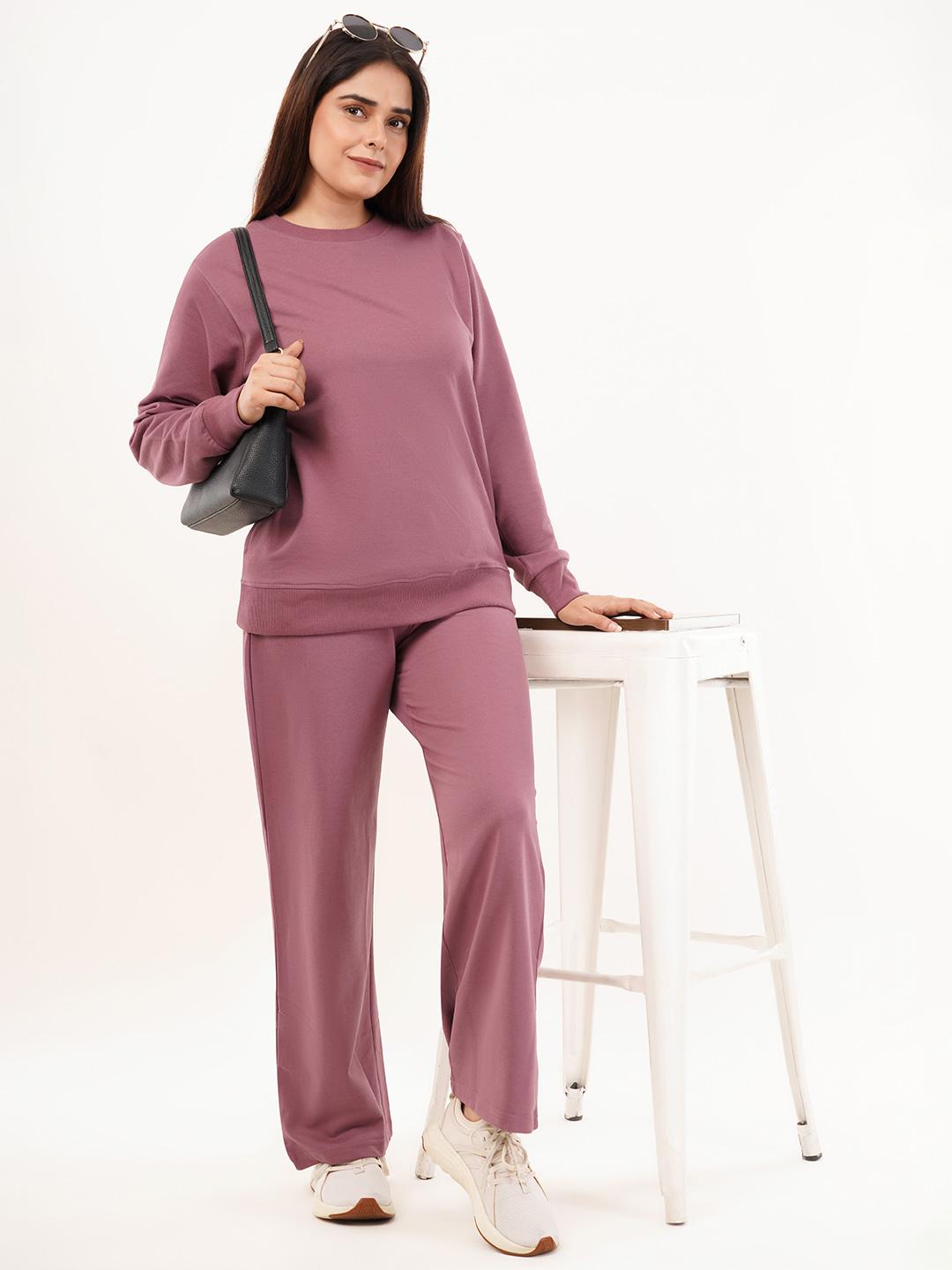 Buy GlamZei Women Fuchsia Pink Solid Round Neck Cotton Sweatshirt ...