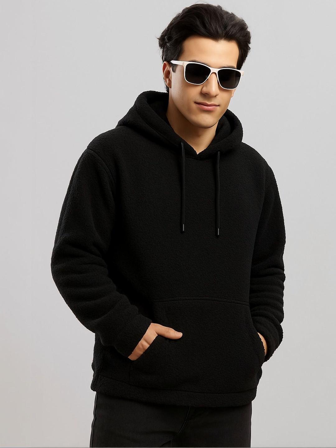 Buy MOHICANS Men Black Relaxed Fit Sherpa Hoodie Sweatshirt ...