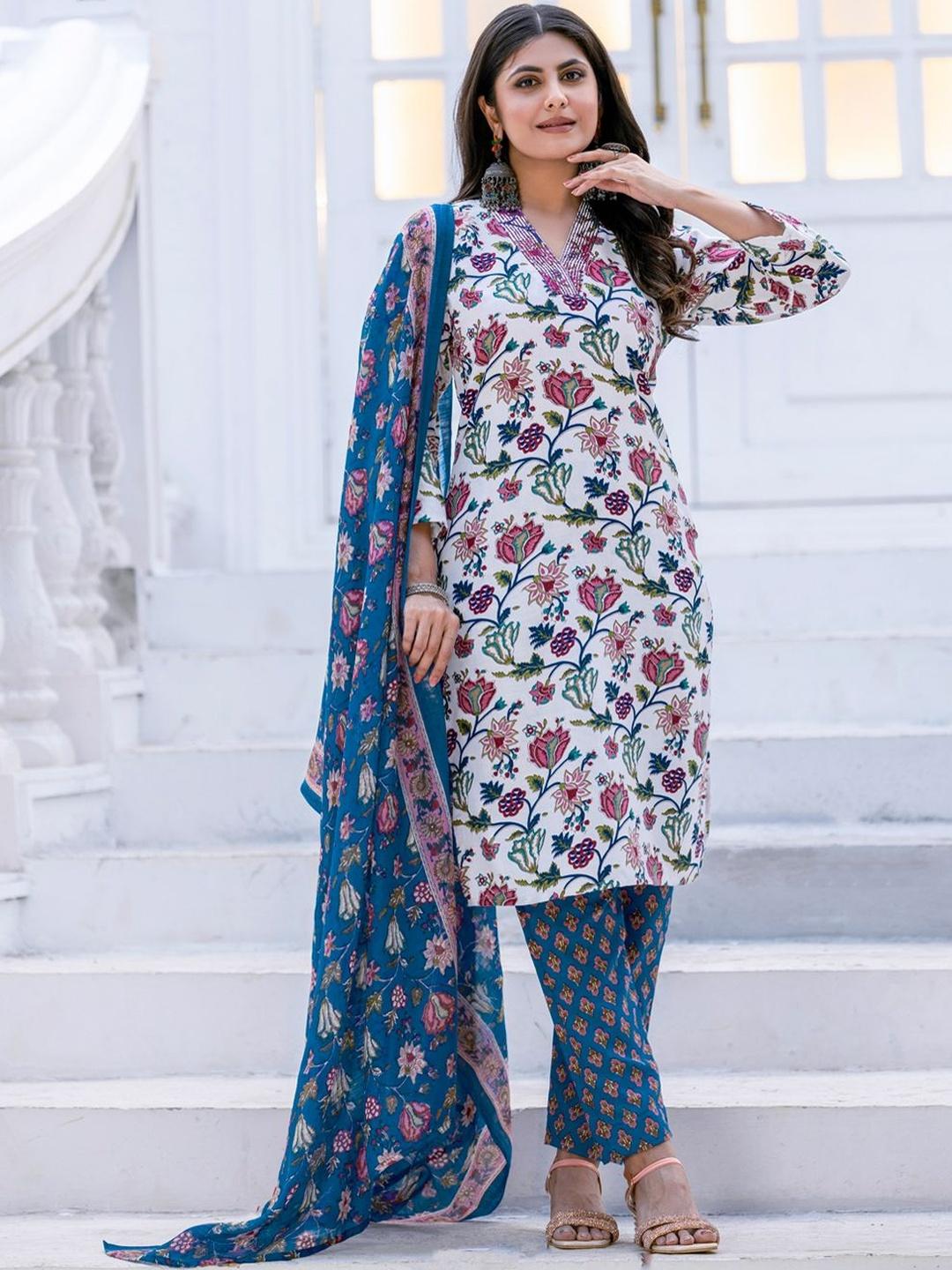 Buy PITRIS Women Floral Printed Regular Thread Work Kurta With Trousers ...