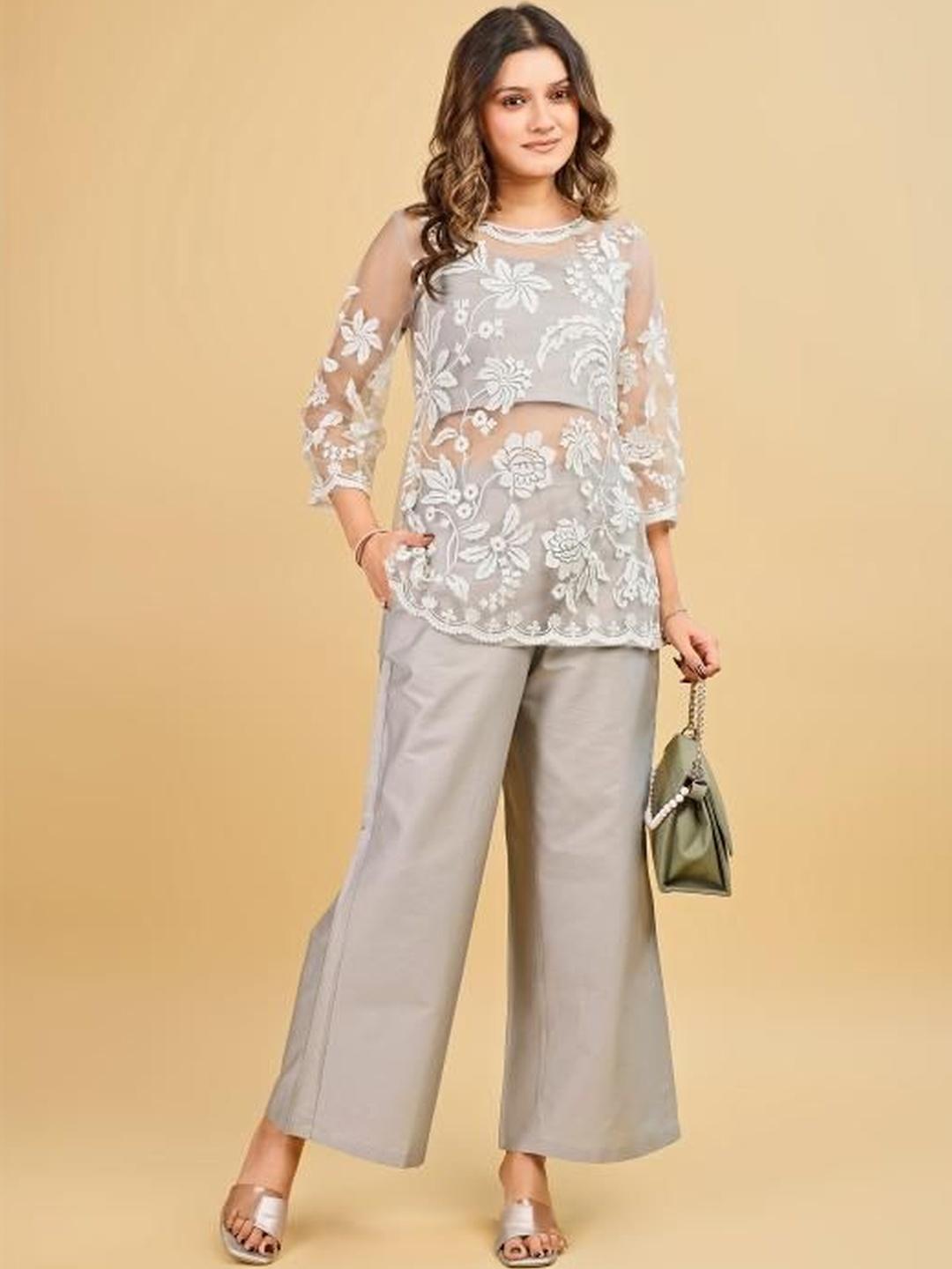 Buy Tikhi Imli Grey Color Cotton Blend With White Thread Work ...