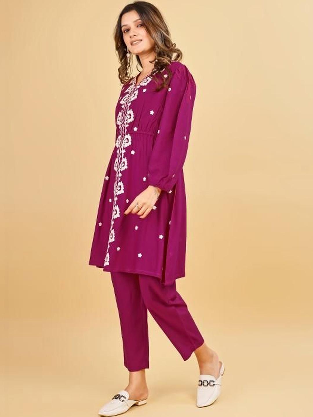 Buy Tikhi Imli Pink Color Rayon With White Thread Work Embroidered ...