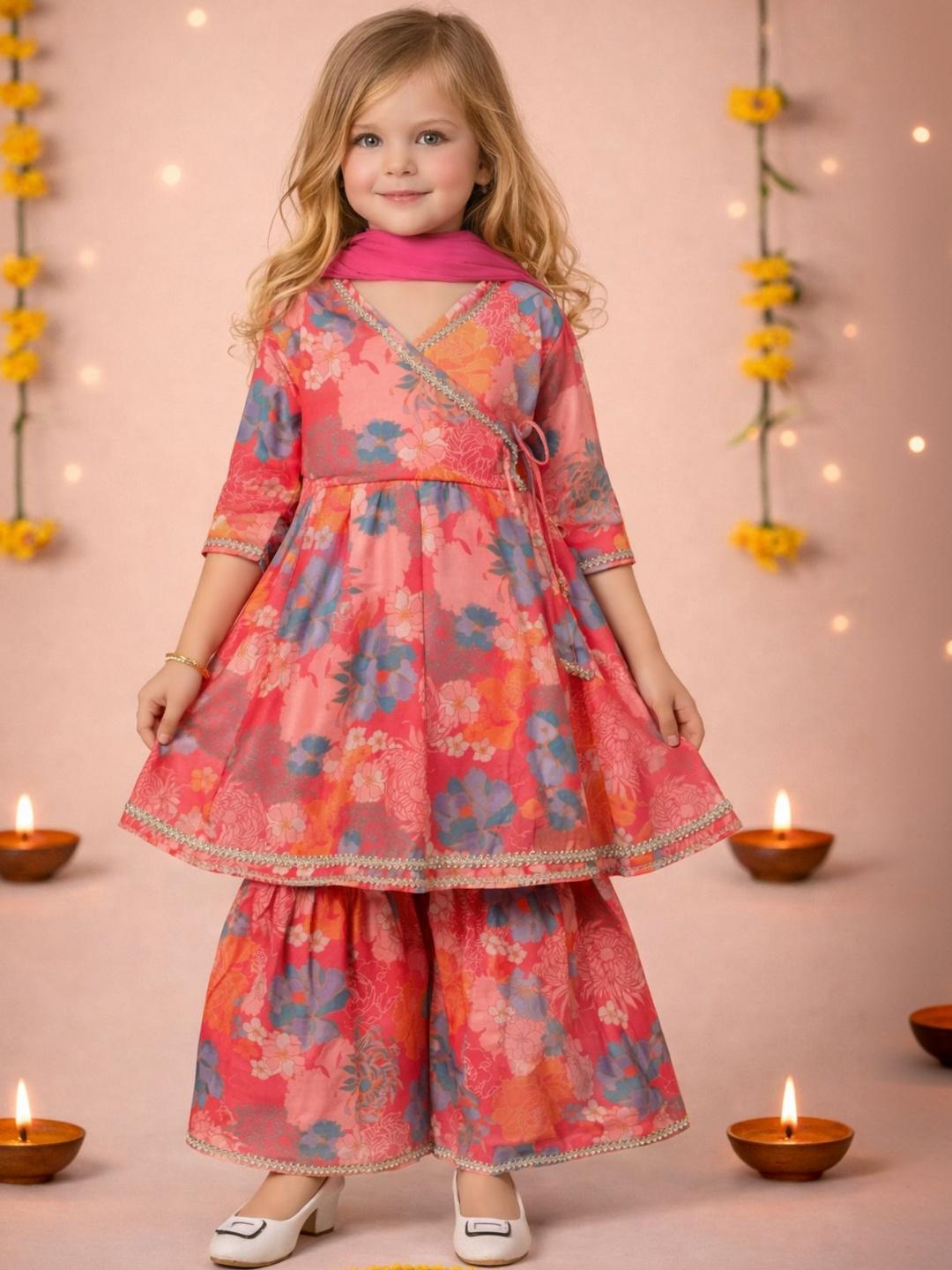 Buy Arshia Fashions Girls Floral Printed Angrakha Kurta With Sharara ...