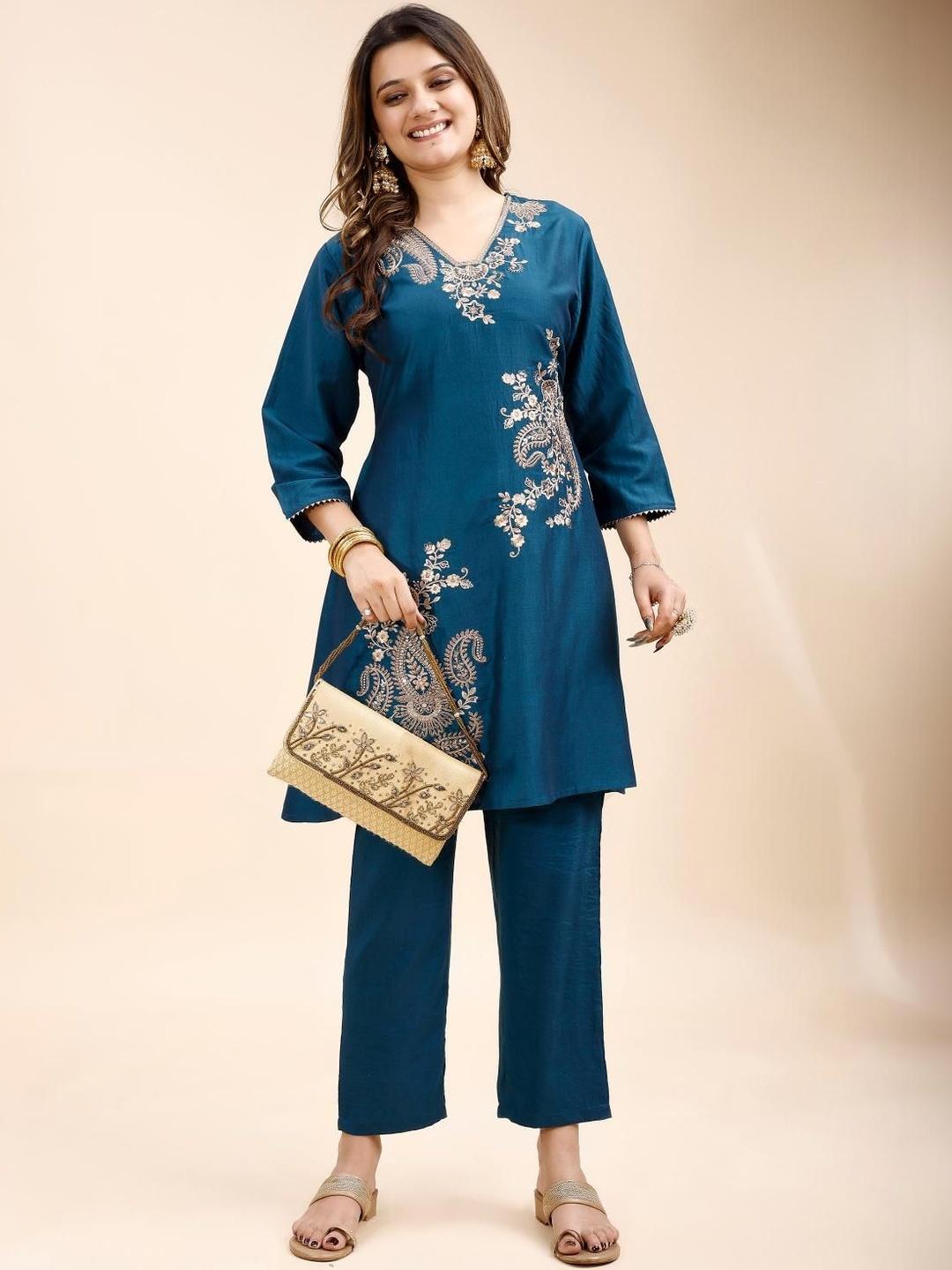 Buy Tikhi Imli Teal Color Silk Blend With Zari Work Embroidered A Line ...