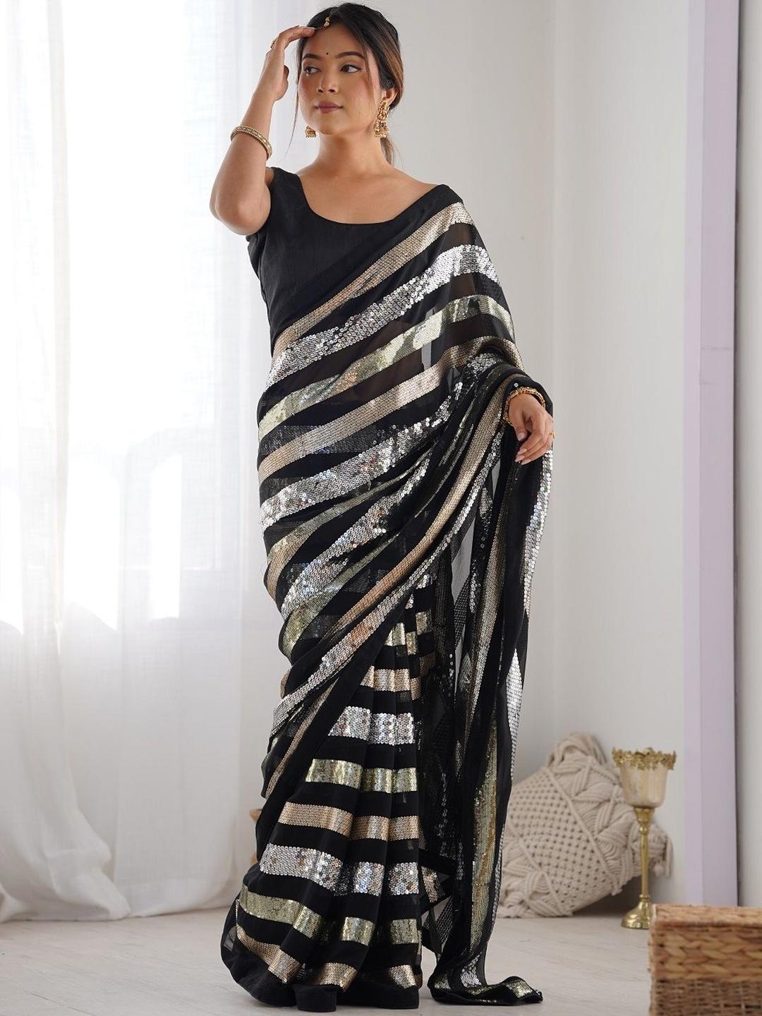 Buy DWIJA FASHION Striped Sequinned Poly Georgette Heavy Work Saree ...