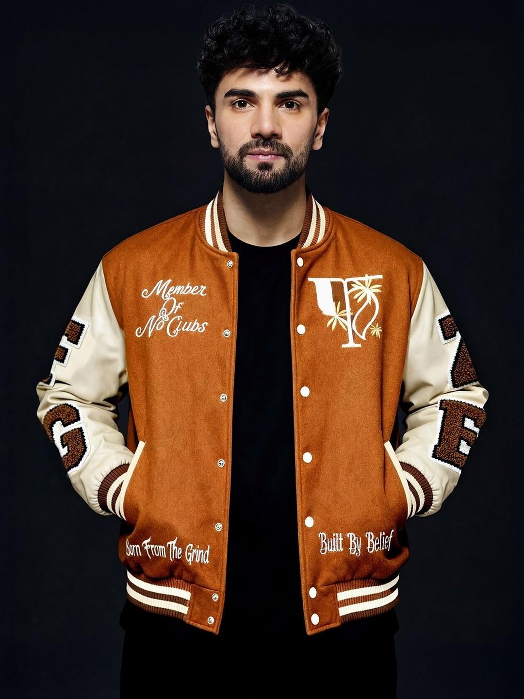 Buy FUGAZEE Men Typography Woollen Varsity Jacket With Embroidered ...