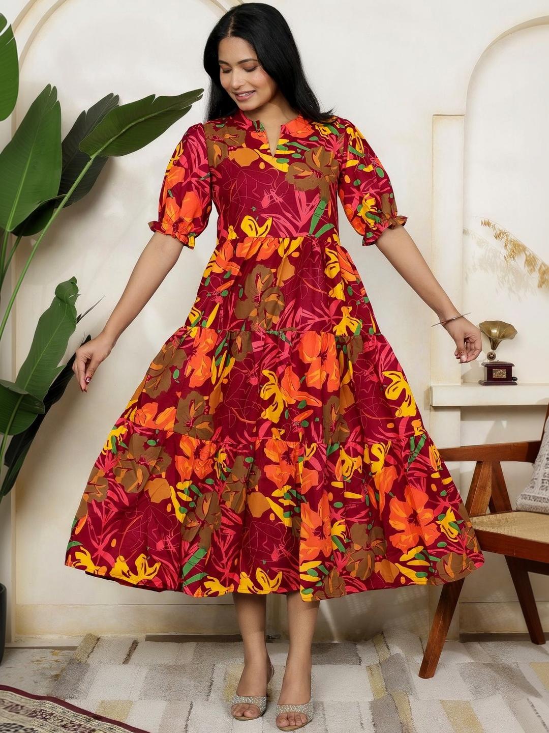 Buy SV SUVEENA Floral Print Puff Sleeve Midi Dress - Dresses for Women ...