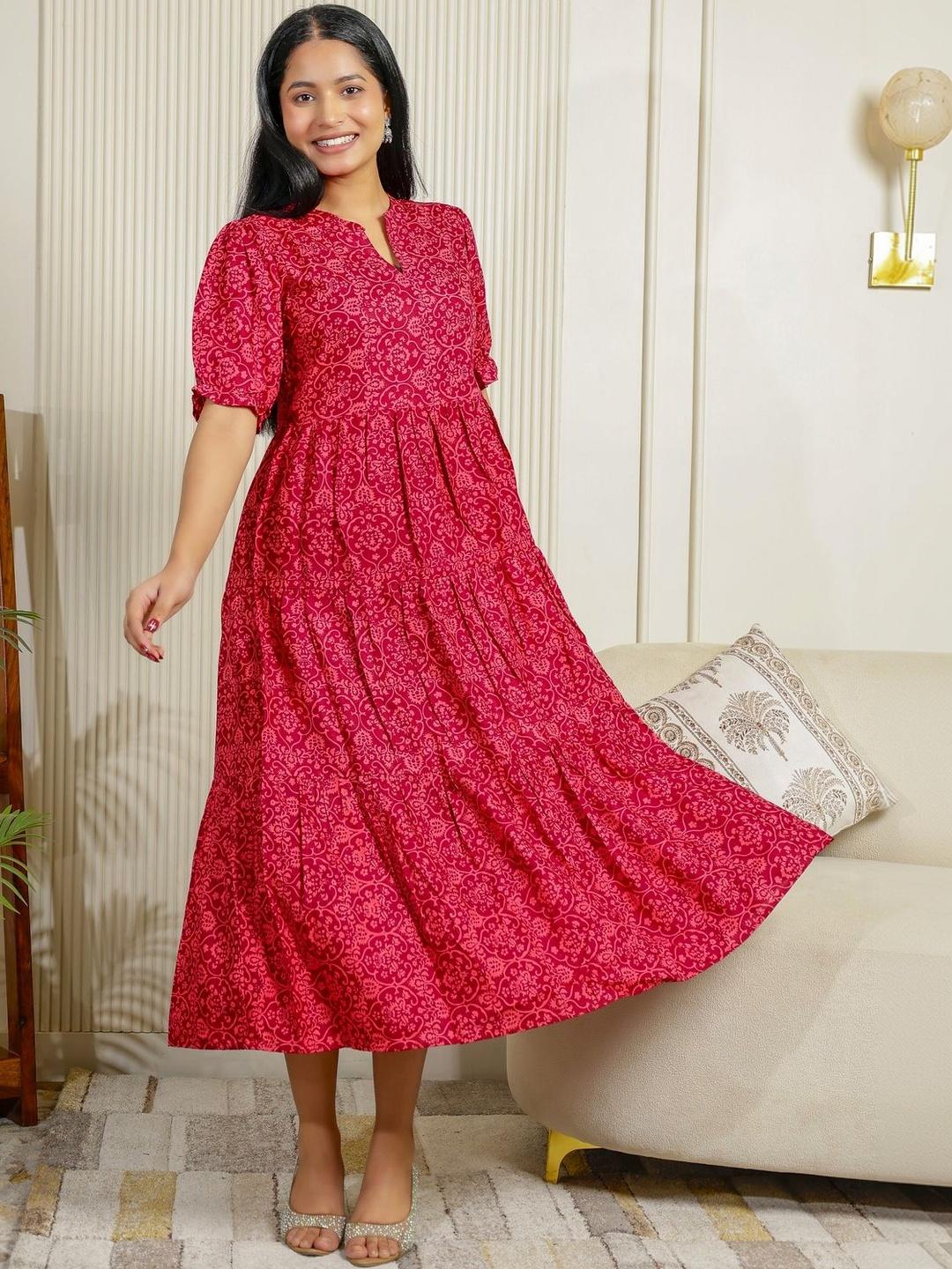 Buy SV SUVEENA Ethnic Motifs Print Puff Sleeve A Line Midi Dress ...