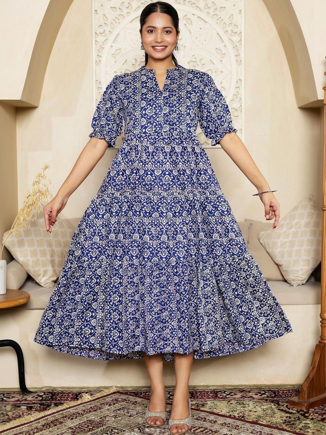 Buy SV SUVEENA Ethnic Motifs Print Puff Sleeve A Line Midi Dress ...