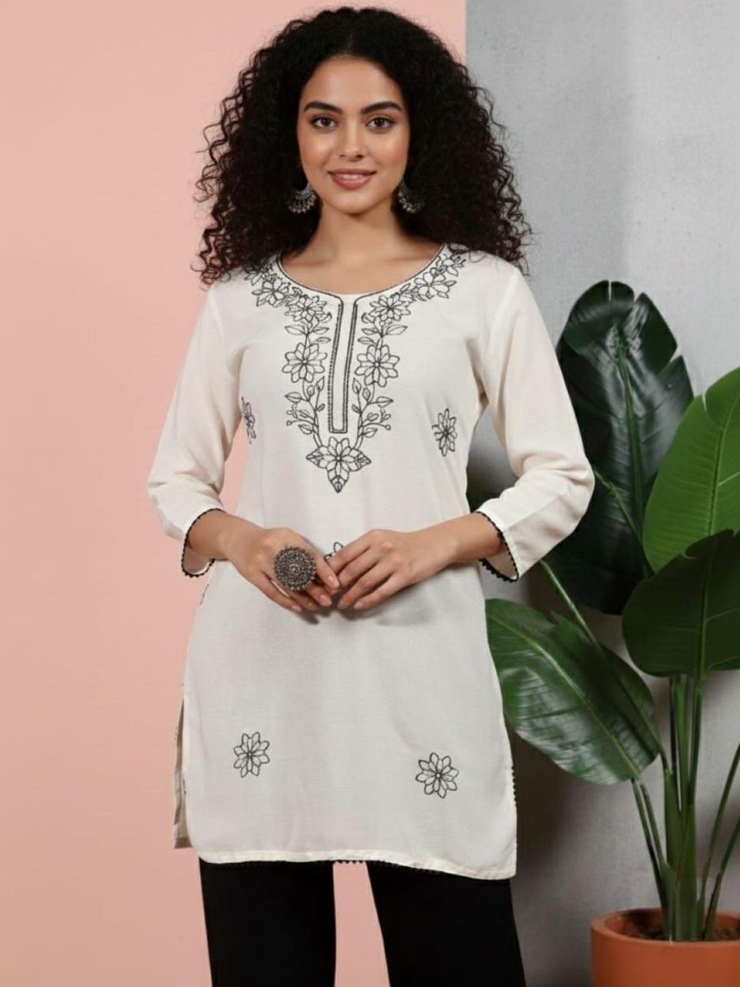 Buy HERE&NOW Floral Embroidered Thread Work Thread Work Kurti - Kurtis ...