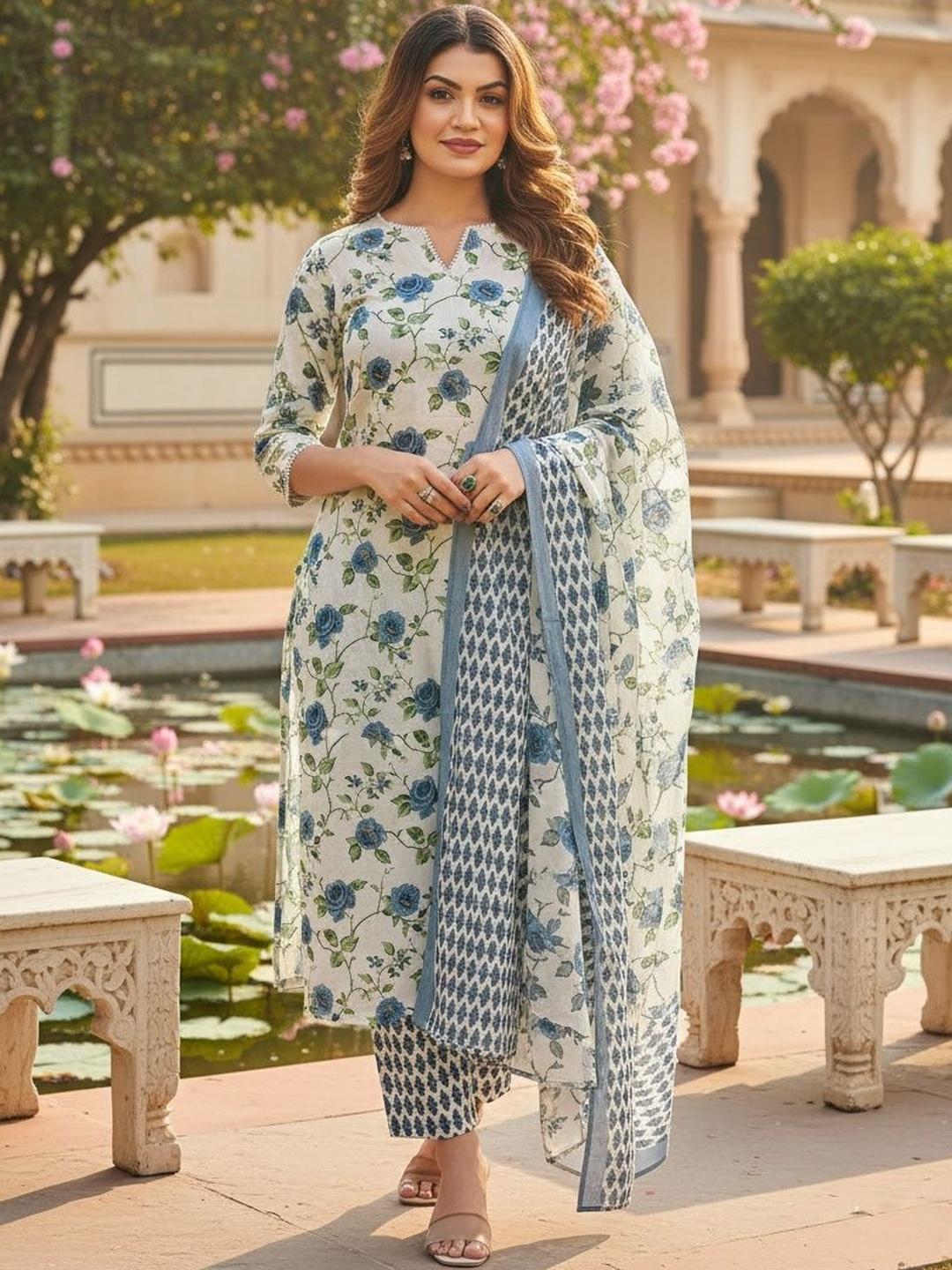 Buy SZN Women Floral Printed Regular Pure Cotton Kurta With Trousers ...