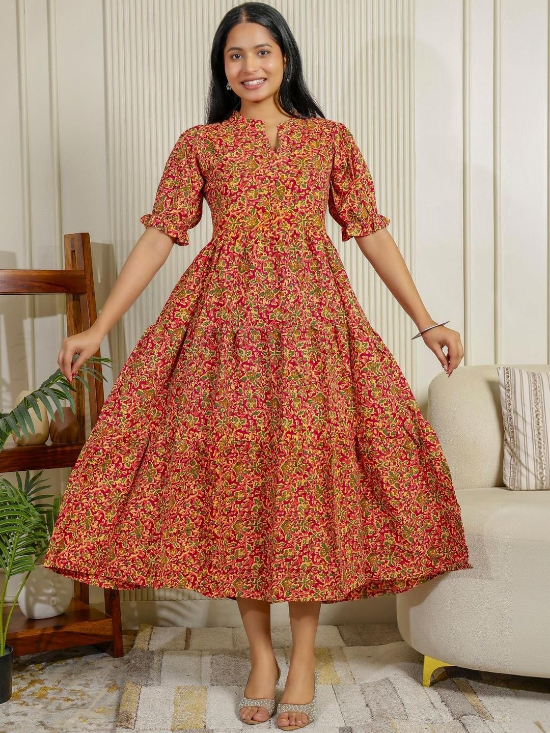 Buy SV SUVEENA Floral Print Puff Sleeve A Line Midi Dress - Dresses for ...