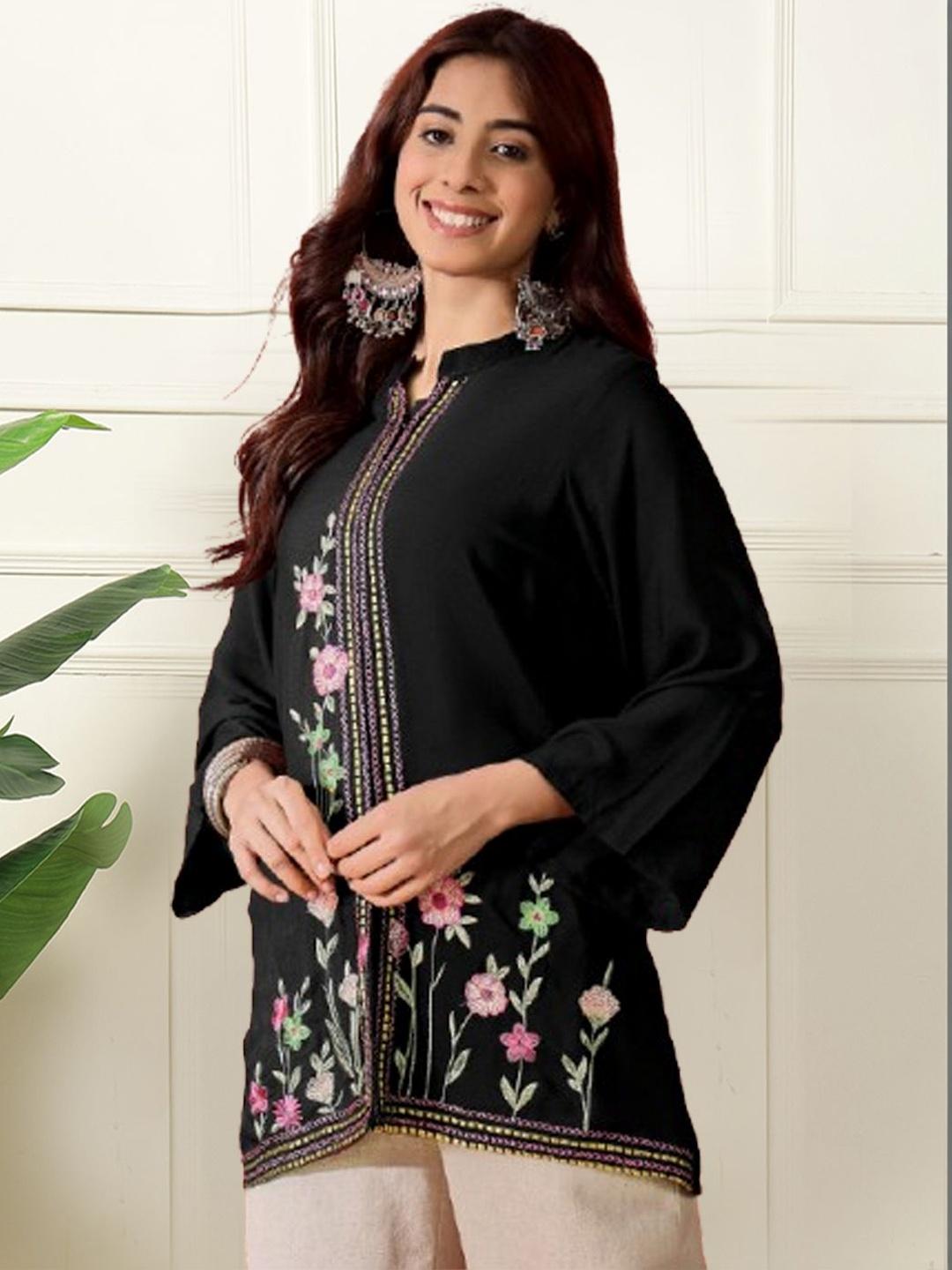 Buy HERE&NOW Floral Embroidered Thread Work Thread Work Kurti - Kurtis ...