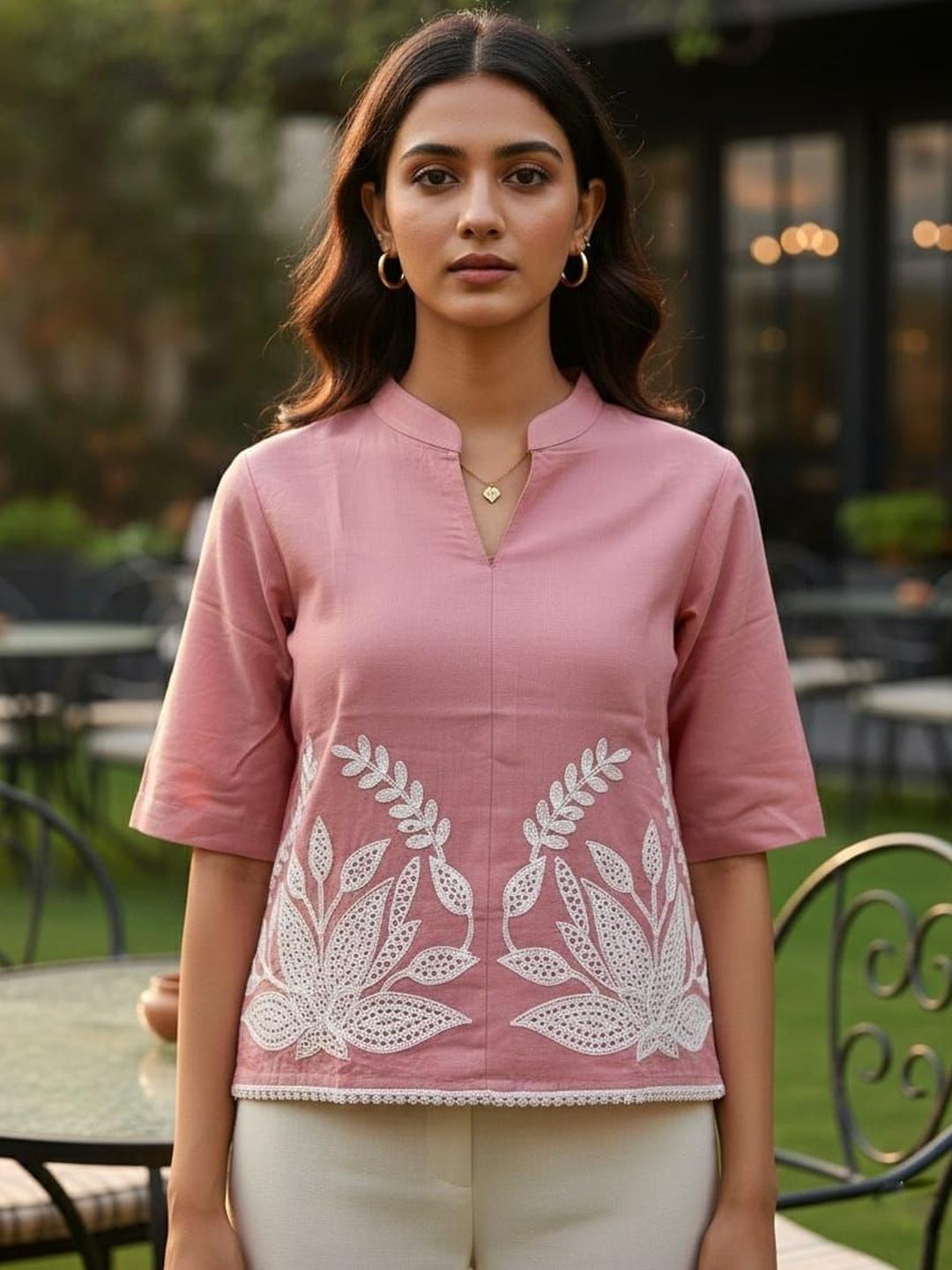 Buy Moda Rapido Floral Embroidered Mandarin Collar Ethnic Top - Tops ...