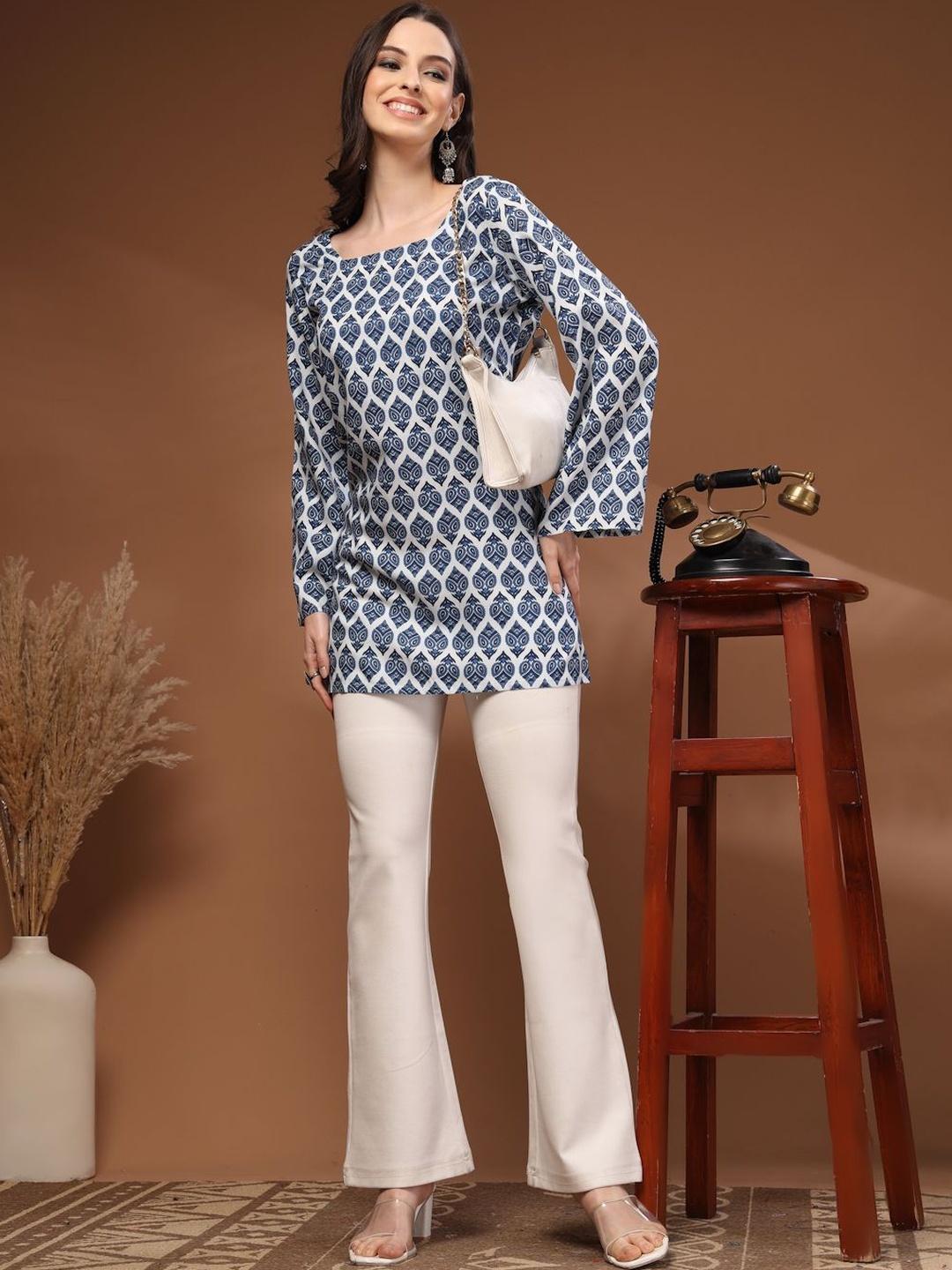 Buy HERE&NOW Ethnic Motifs Printed Square Neck Pure Cotton Kurti ...