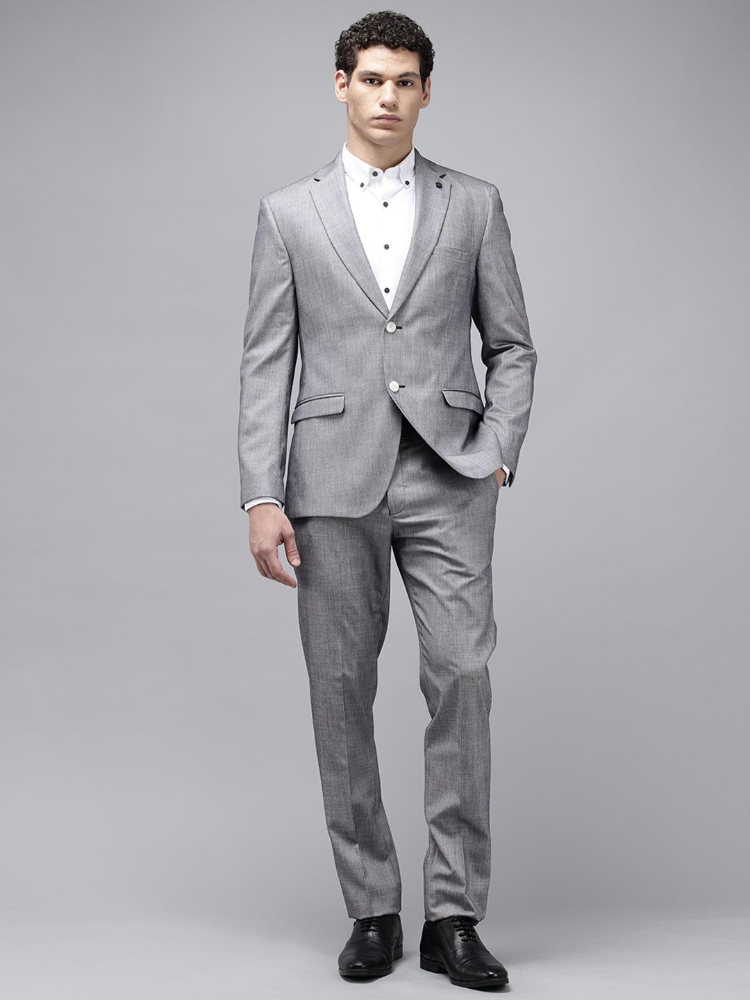 Buy Theme Slim Fit Self Design Single Breasted 2 Piece Formal Suit ...