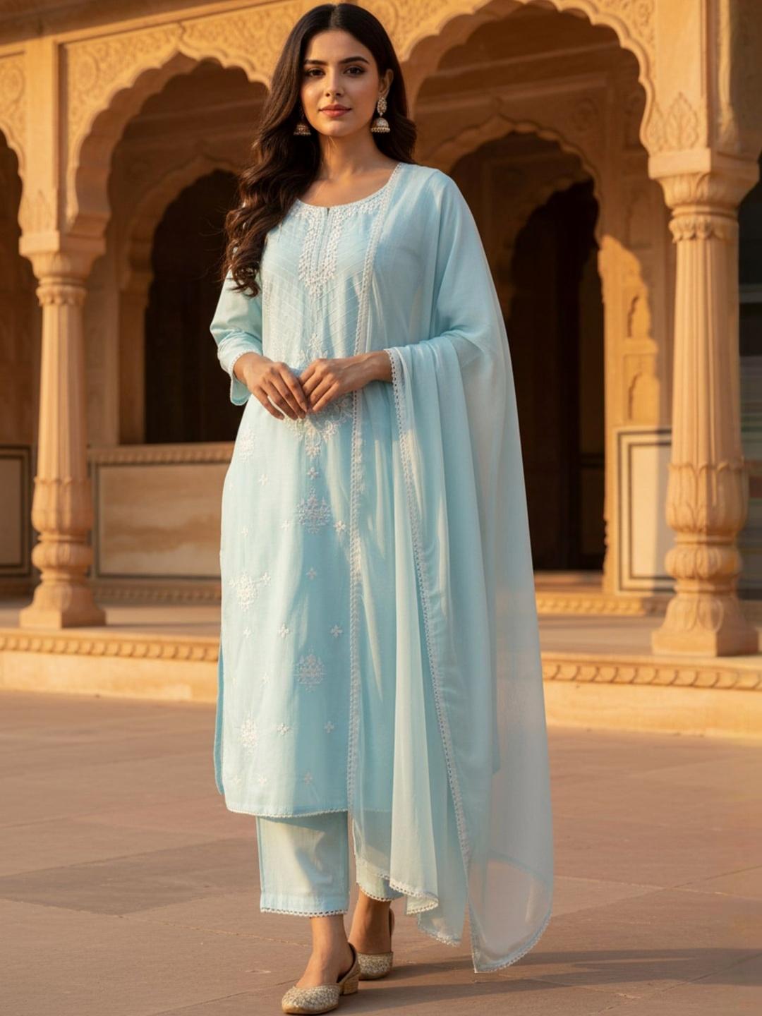 Buy Inddus Women Ethnic Motifs Embroidered Regular Thread Work Pure ...