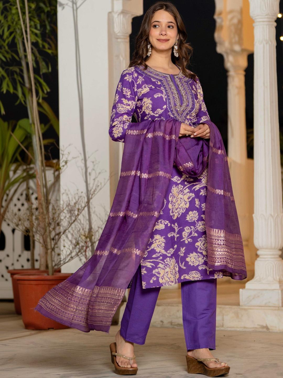 Buy KJFAB Women Floral Printed Regular Sequinned Pure Cotton Kurta With ...
