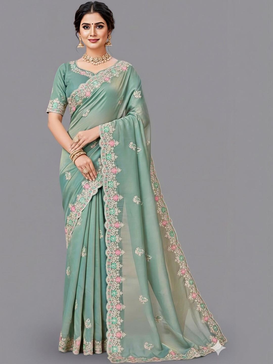 Buy ZARUKHO Floral Embroidered Organza Heavy Work Saree - Sarees for ...