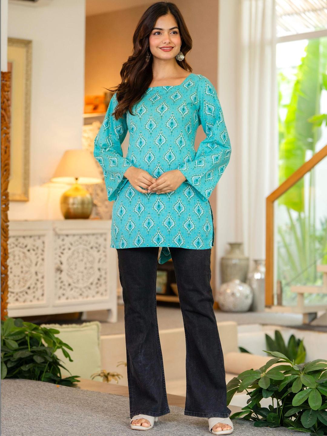 Buy HERE&NOW Ethnic Motifs Printed Square Neck Flared Sleeves Pure ...